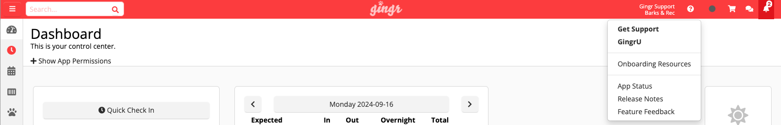 Top Navigation Menu Reference Gingr
