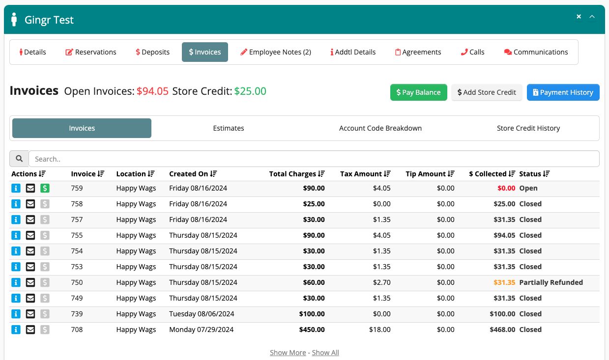 Owner’s Invoices Tab (Reference) – Gingr