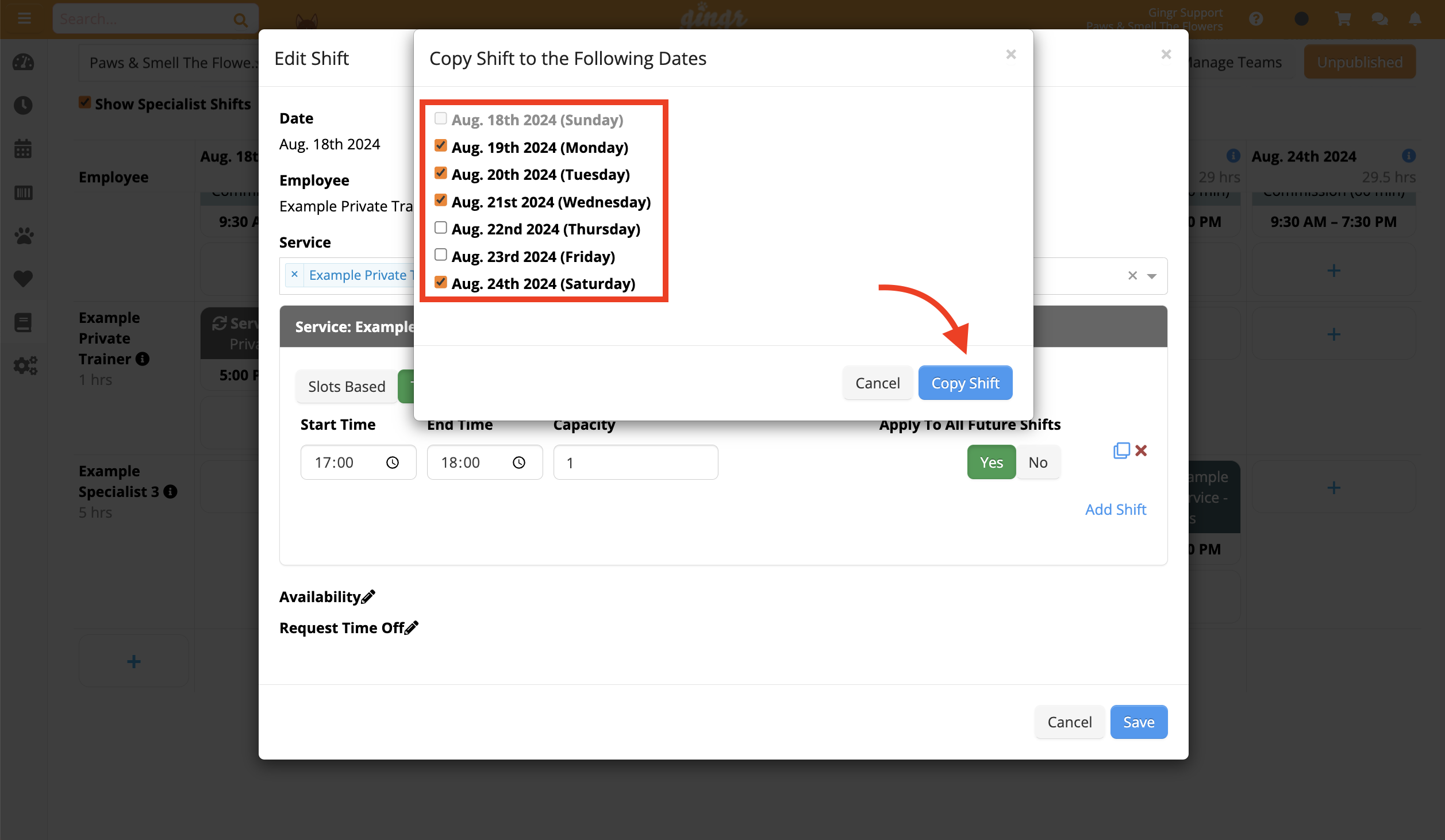 Copy Trainer Shifts Across Days of the Week (How-To) – Gingr
