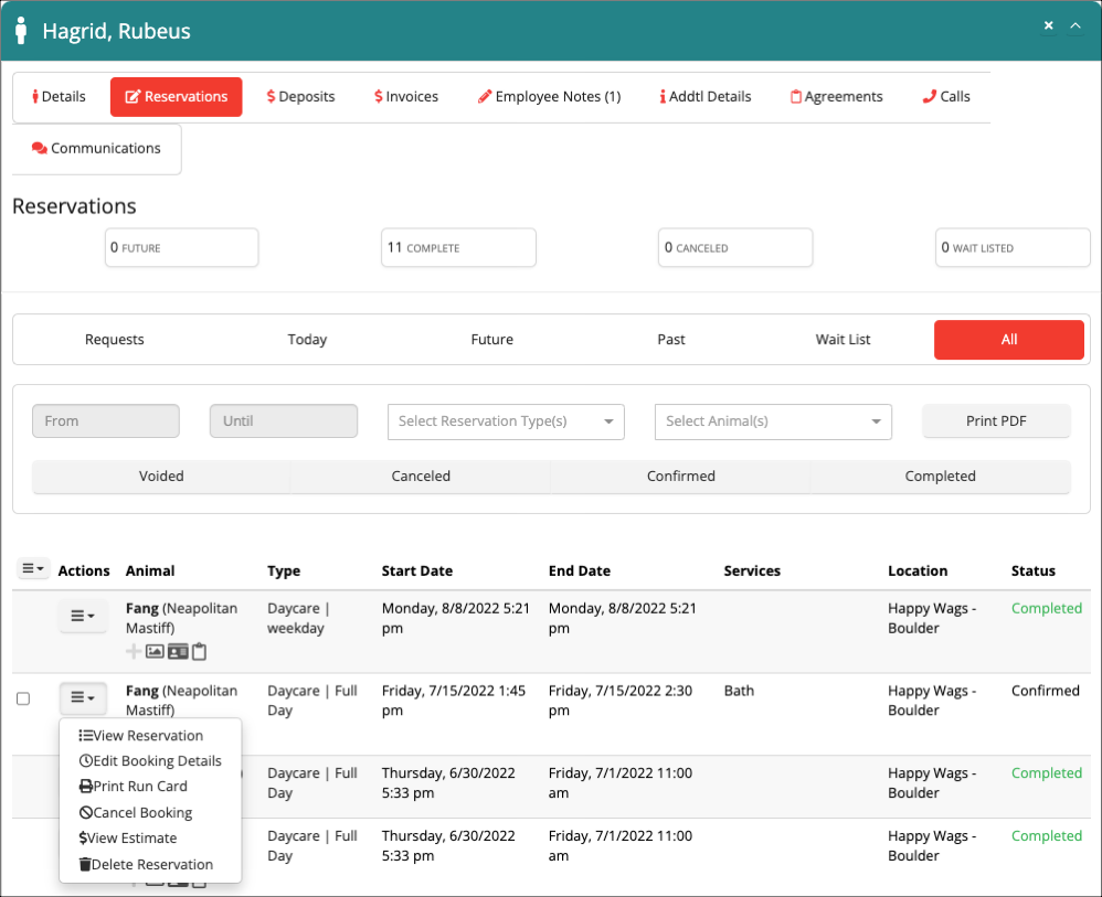 Owner Reservations Tab (Reference) – Gingr