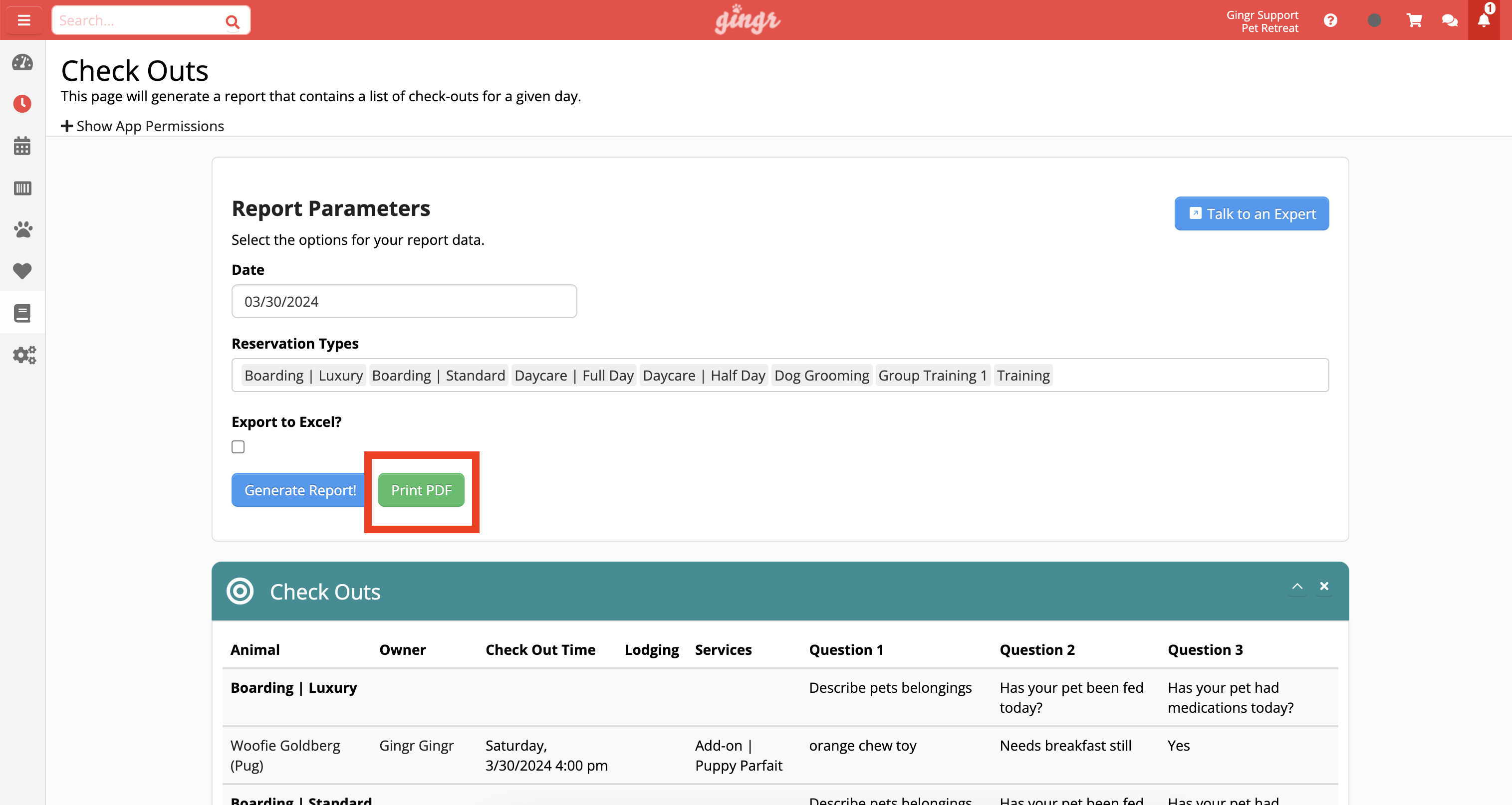 Check Outs Report (Reference) – Gingr