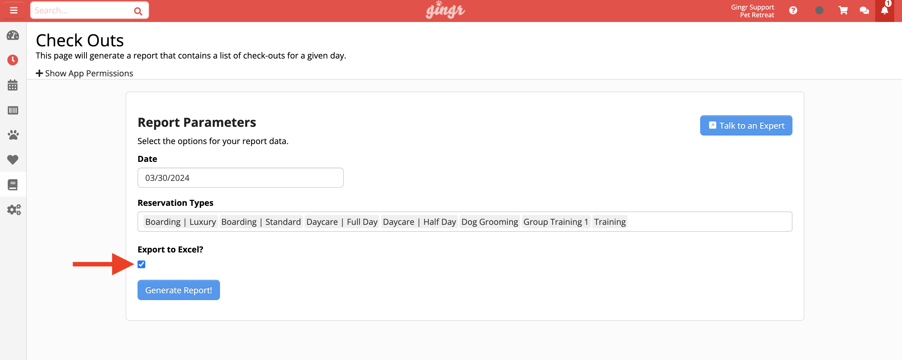 Check Outs Report (Reference) – Gingr