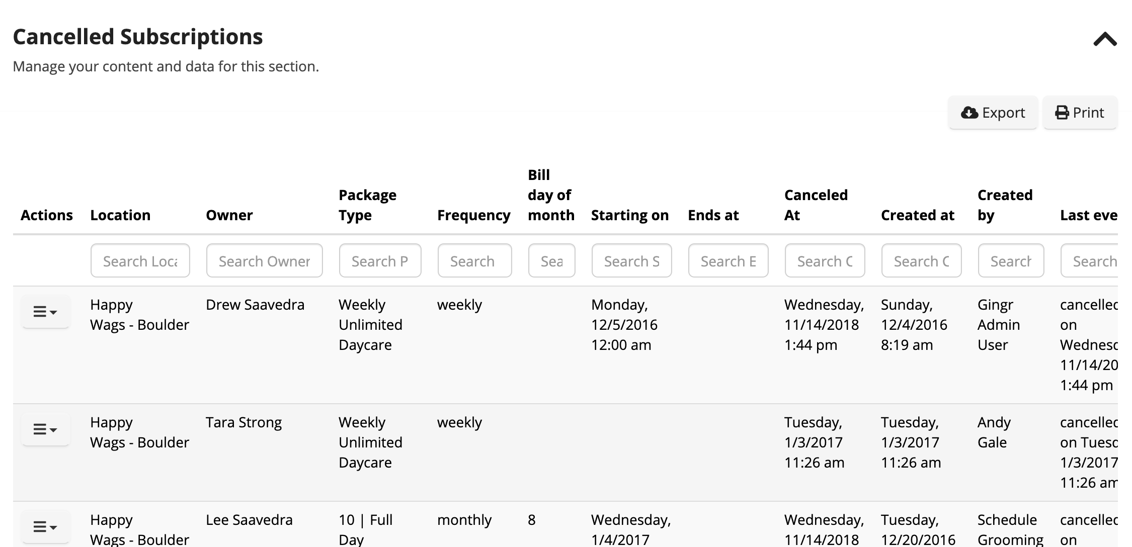 Canceled Subscriptions Report (Reference) – Gingr