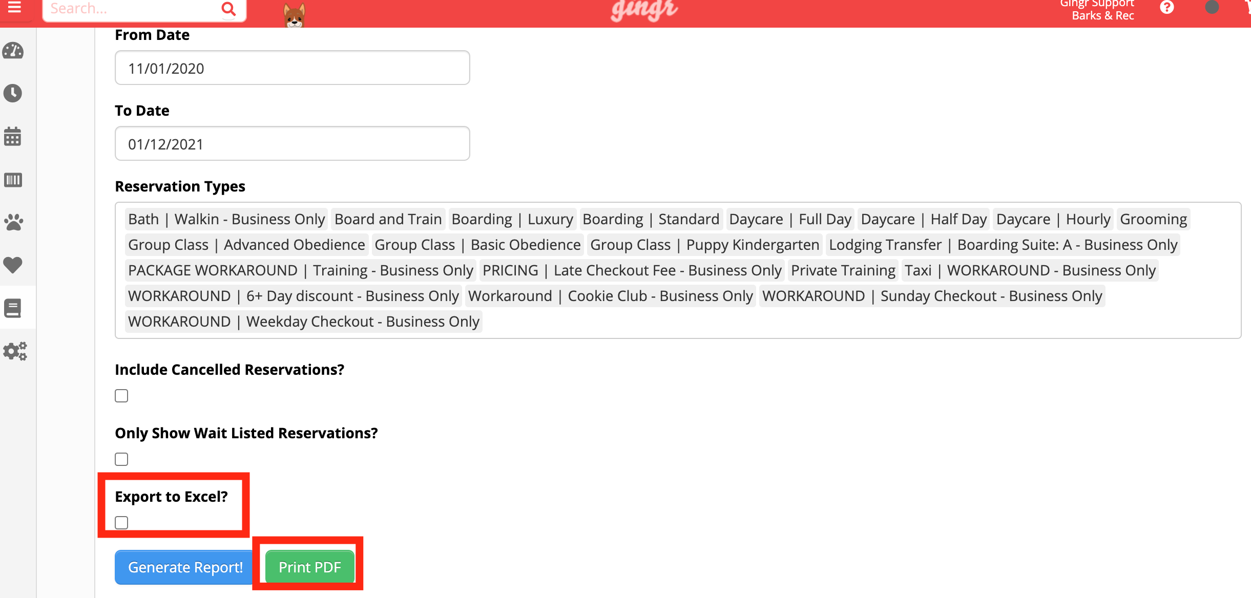 Reservations by Date Range Report (Reference) – Gingr